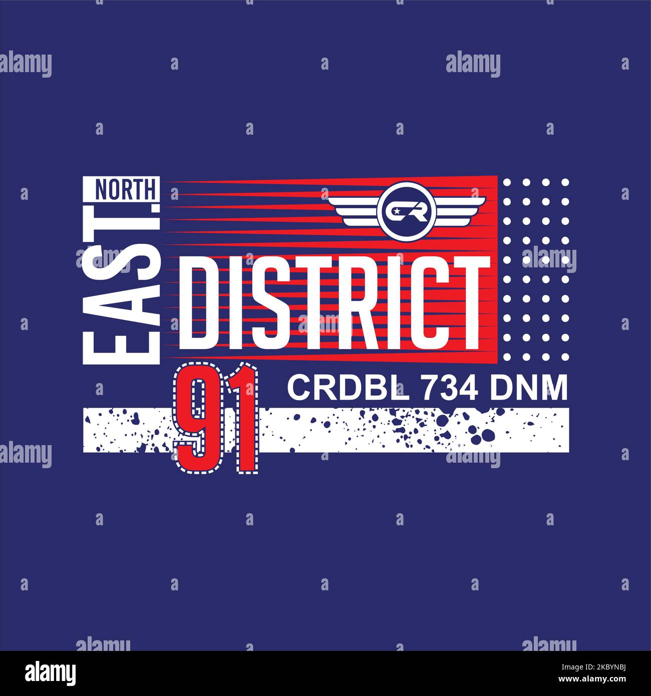 A blue typography clothing template design with bold white and red ...