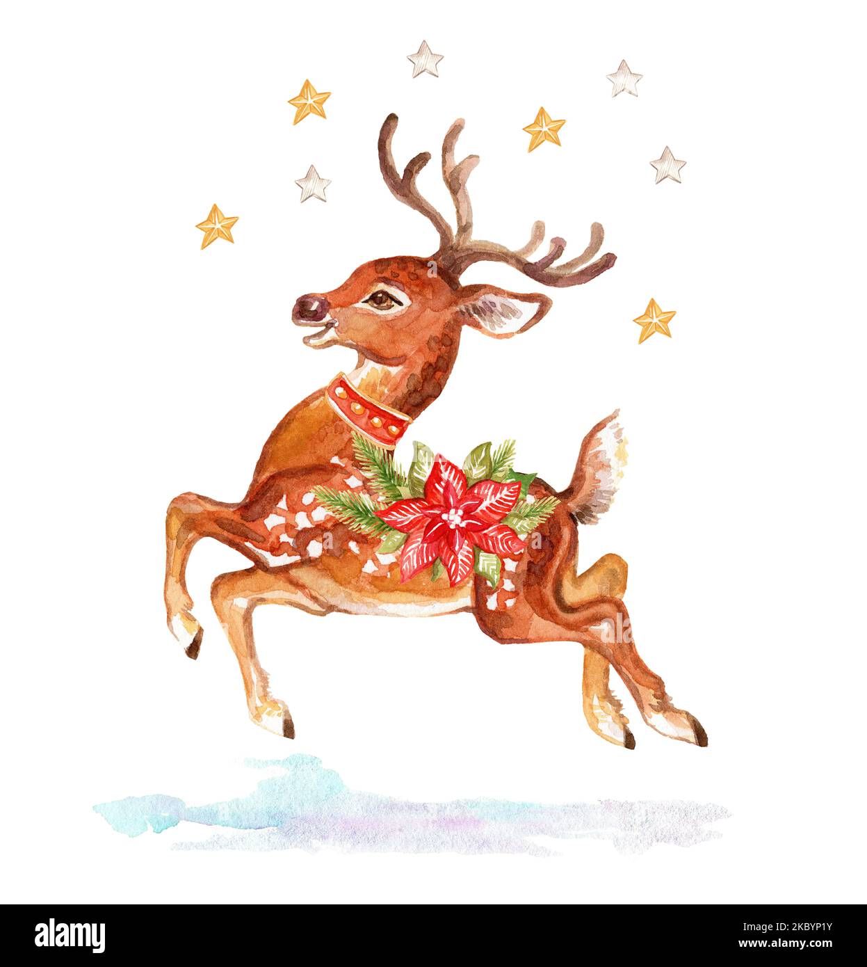 Christmas jumping elegant deer. Watercolor hand drawn illustration ...