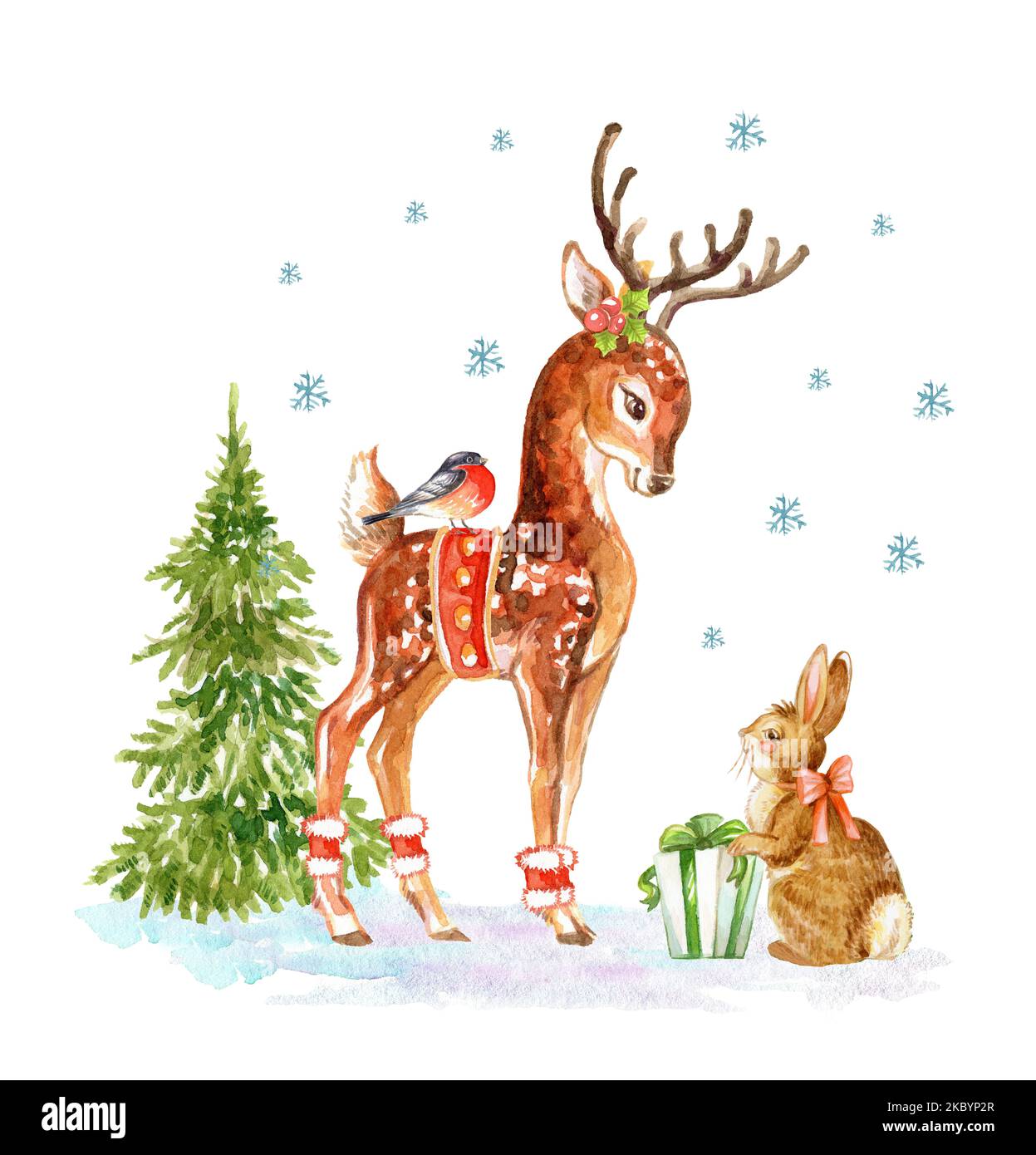 Christmas forest animals deer, rabbit, bird. Watercolor hand drawn ...