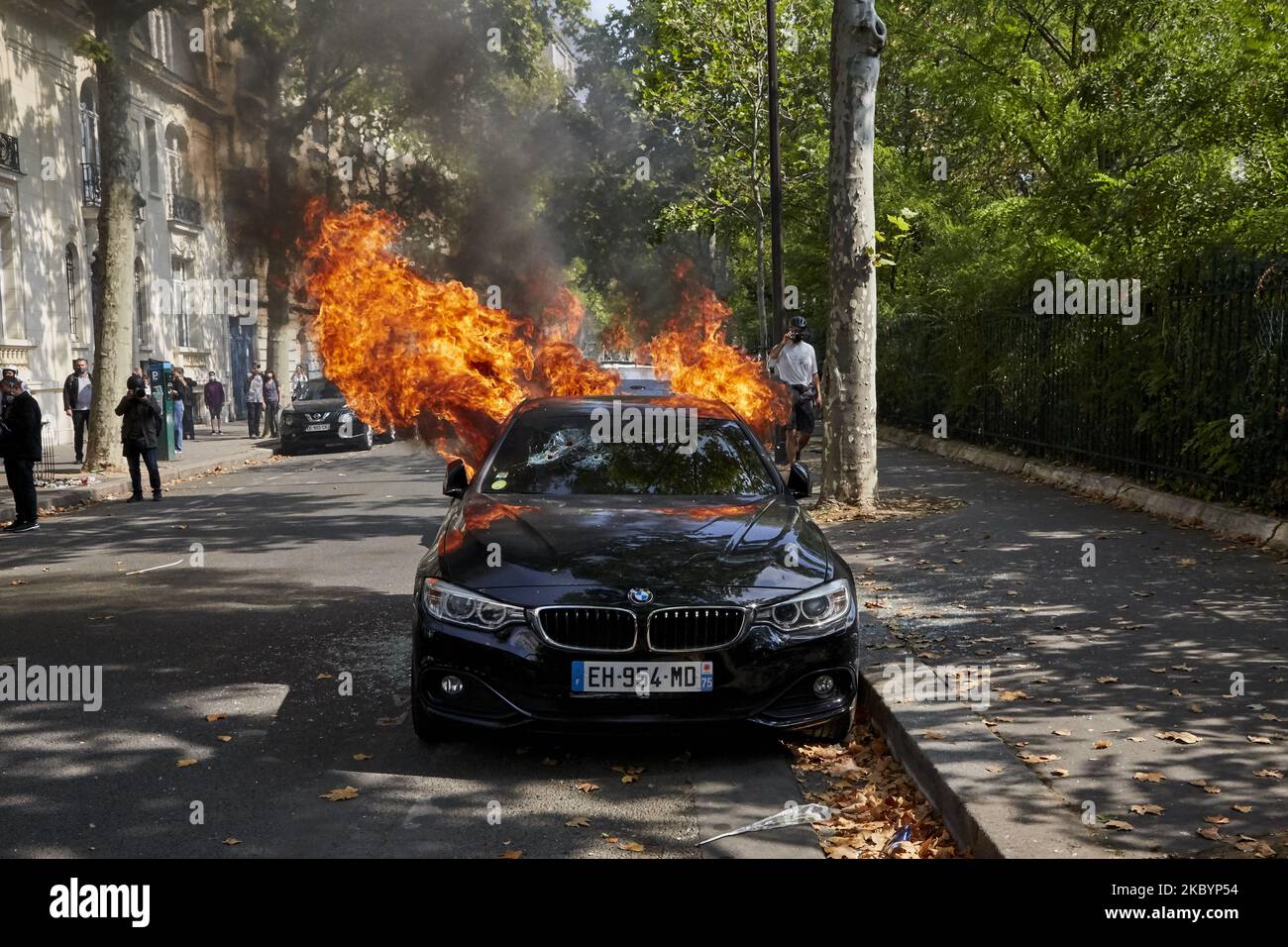 Car burn during a yellow vests movement protests in Paris, France on ...