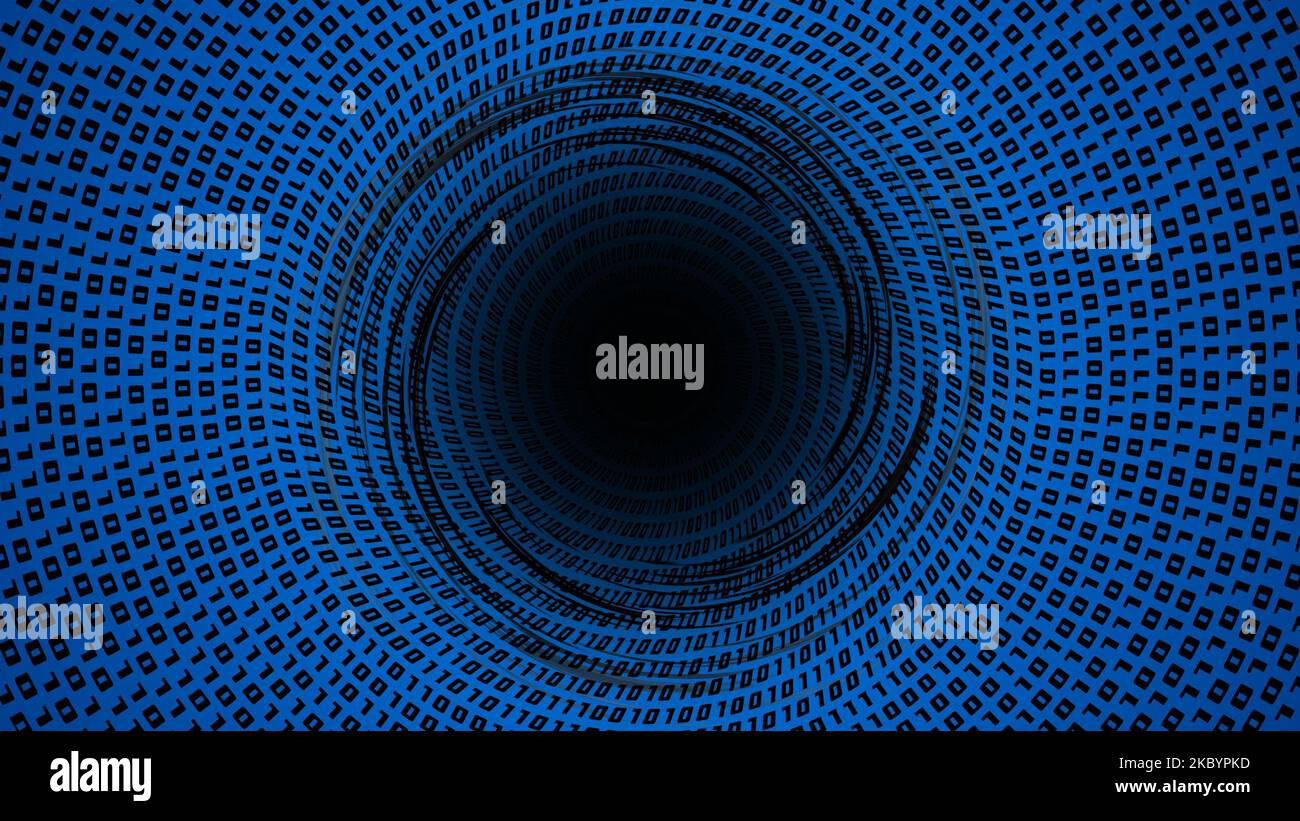Binary code on blue background pulled into black hole - 3D Illustration ...