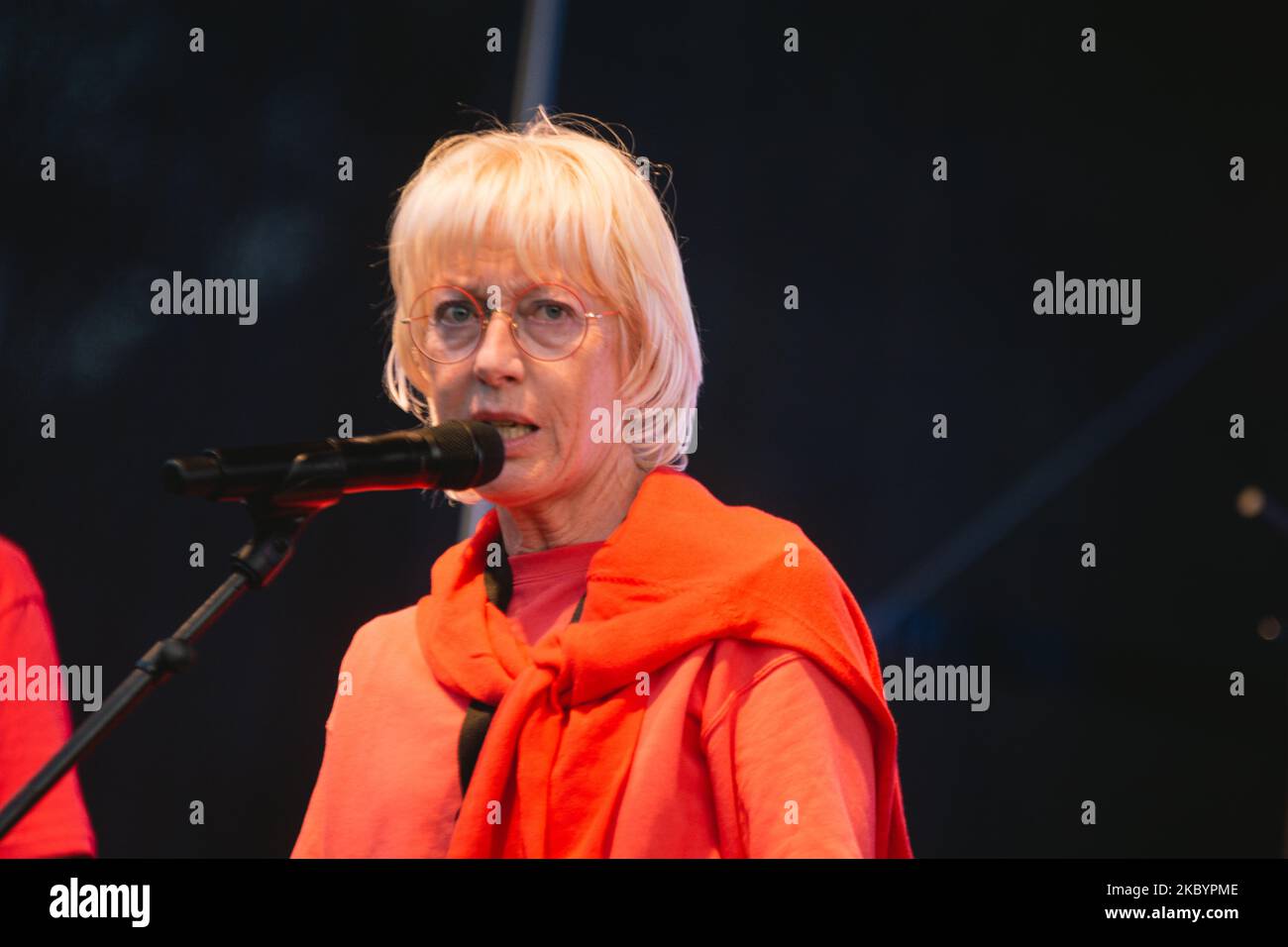 Elfi Scho-Antwerpes speaks during the out door concert at the end of ...