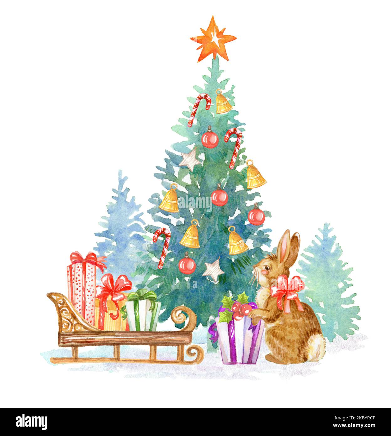 Cute rabbit in winter forest with Christmas tree and gifts. Watercolor ...