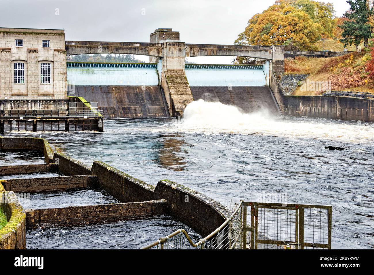 Pitlochry Perthshire Scotland the river Tummel the fish ladder and dam ...