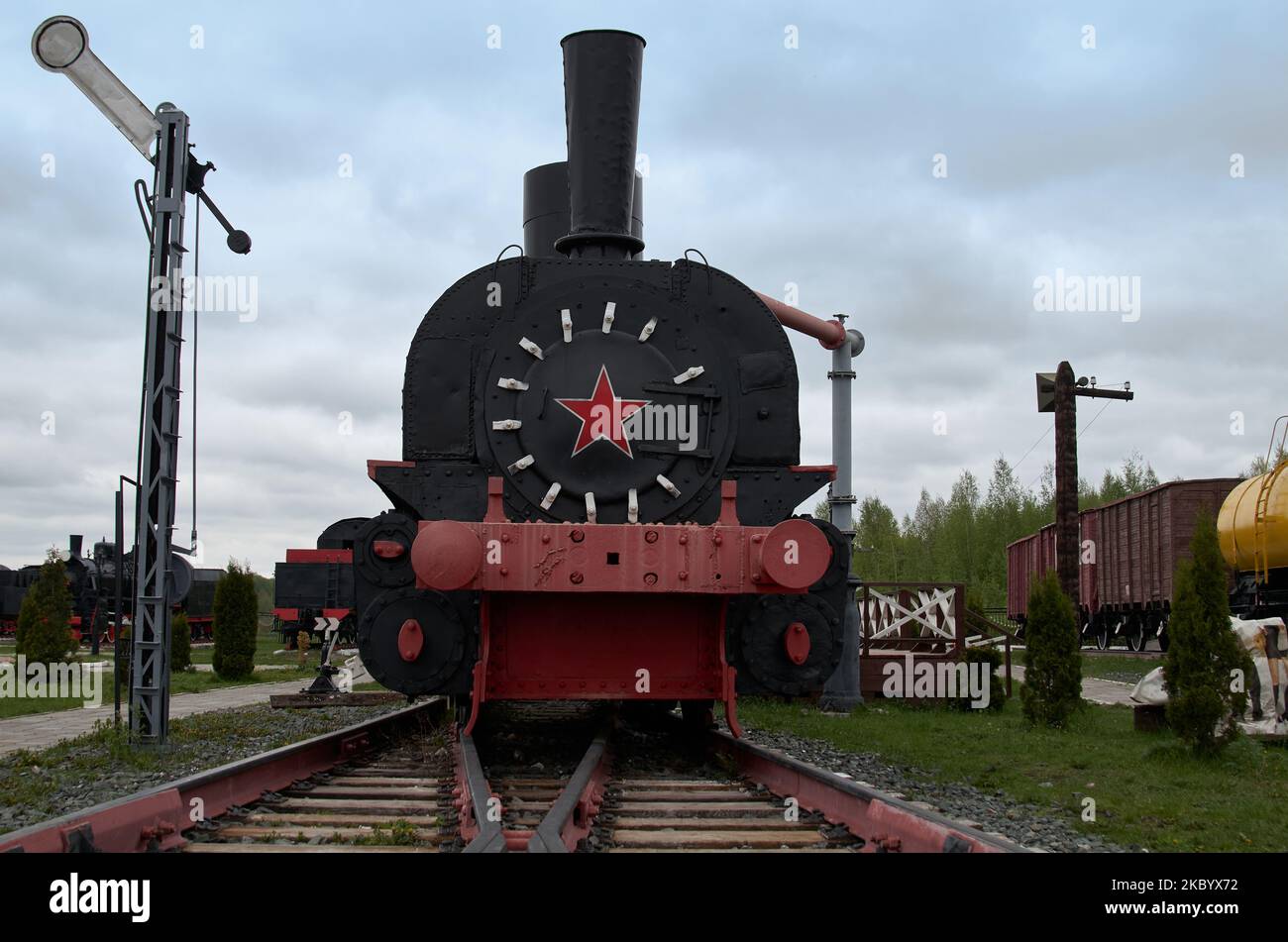 Restored black vintage steam locomotive at a railroad fork Stock Photo ...