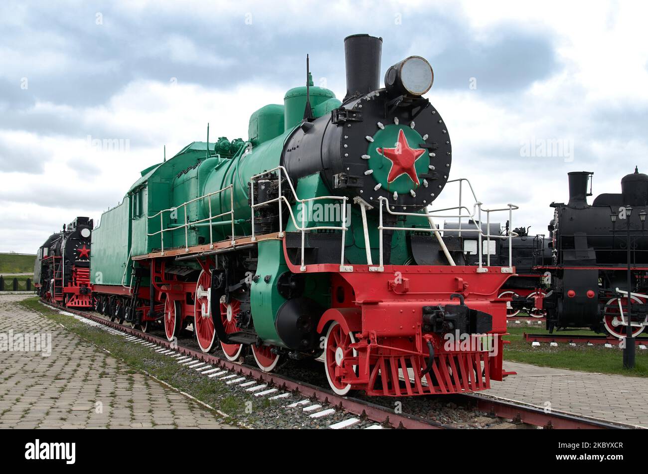 Restored vintage green steam locomotive parked in a museum Stock Photo ...