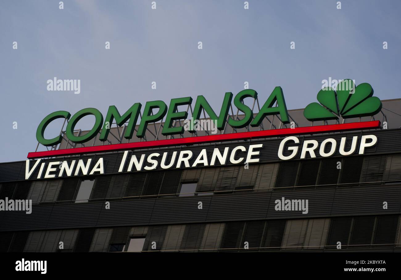Insurance group Compensa sign is seen on September 14, 2020 in Warsaw ...