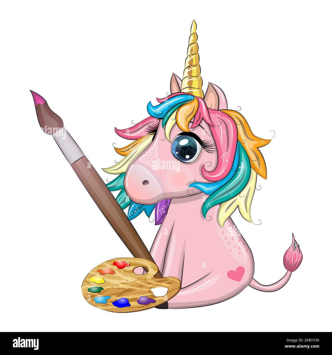 Cute cartoon unicorn with paint palette and paintbrush, artist ...