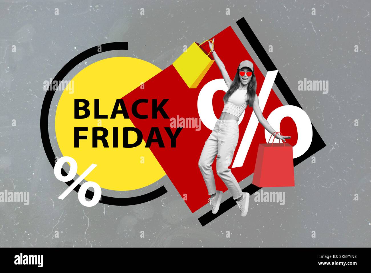 Collage placard photo of young excited girl stay tiptoes hold bags ...