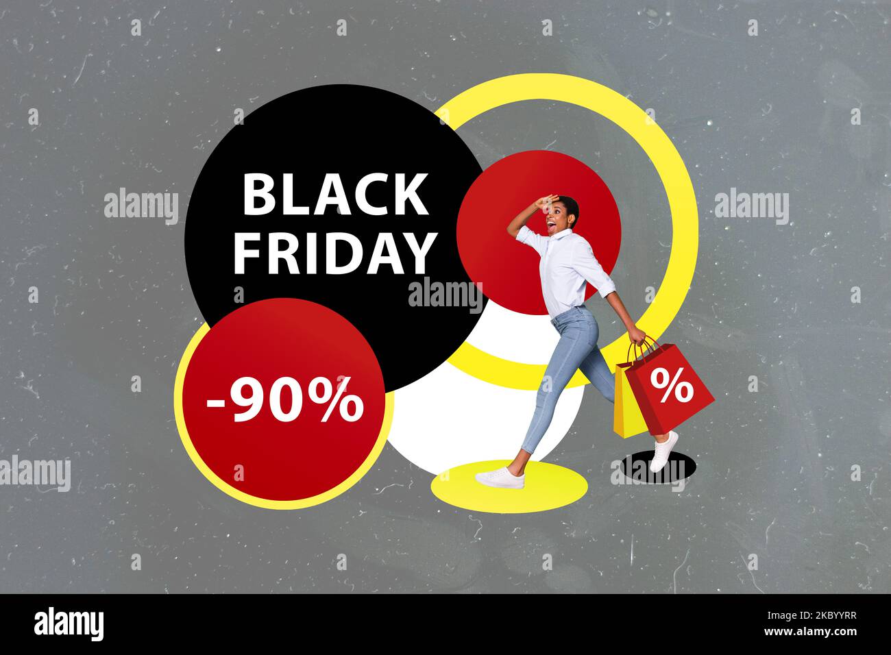 Collage photo of young shopaholic girl wear casual outfit running with ...