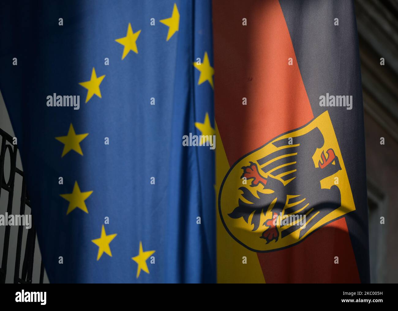 German and EU flags seen above the entrances to the German consulate ...