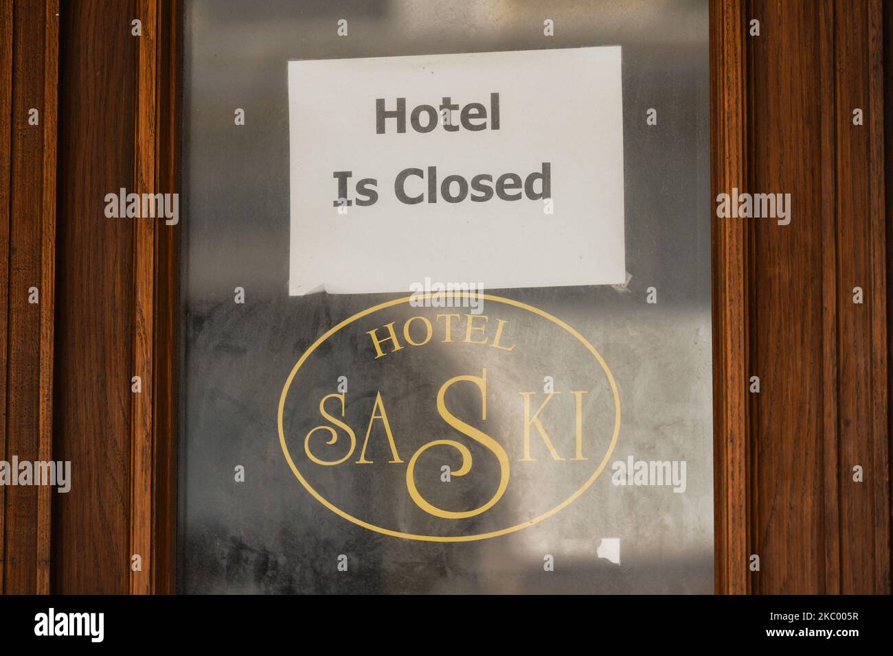 Hotel Is Closed sign seen on Saski Hotel in Krakow's Old Towm. On ...