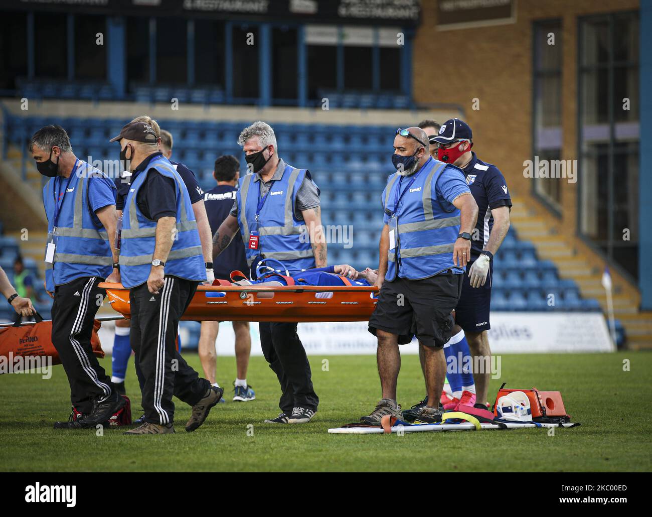 Stuart O’Keefe of Gillingham is stretchered off injured during the ...