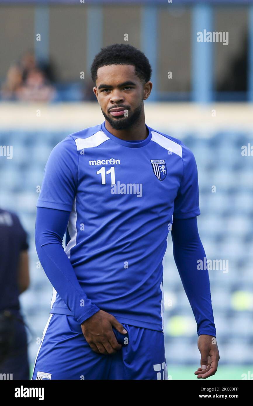 Trae Coyle of Gillingham warming up during the Carabao Cup match ...