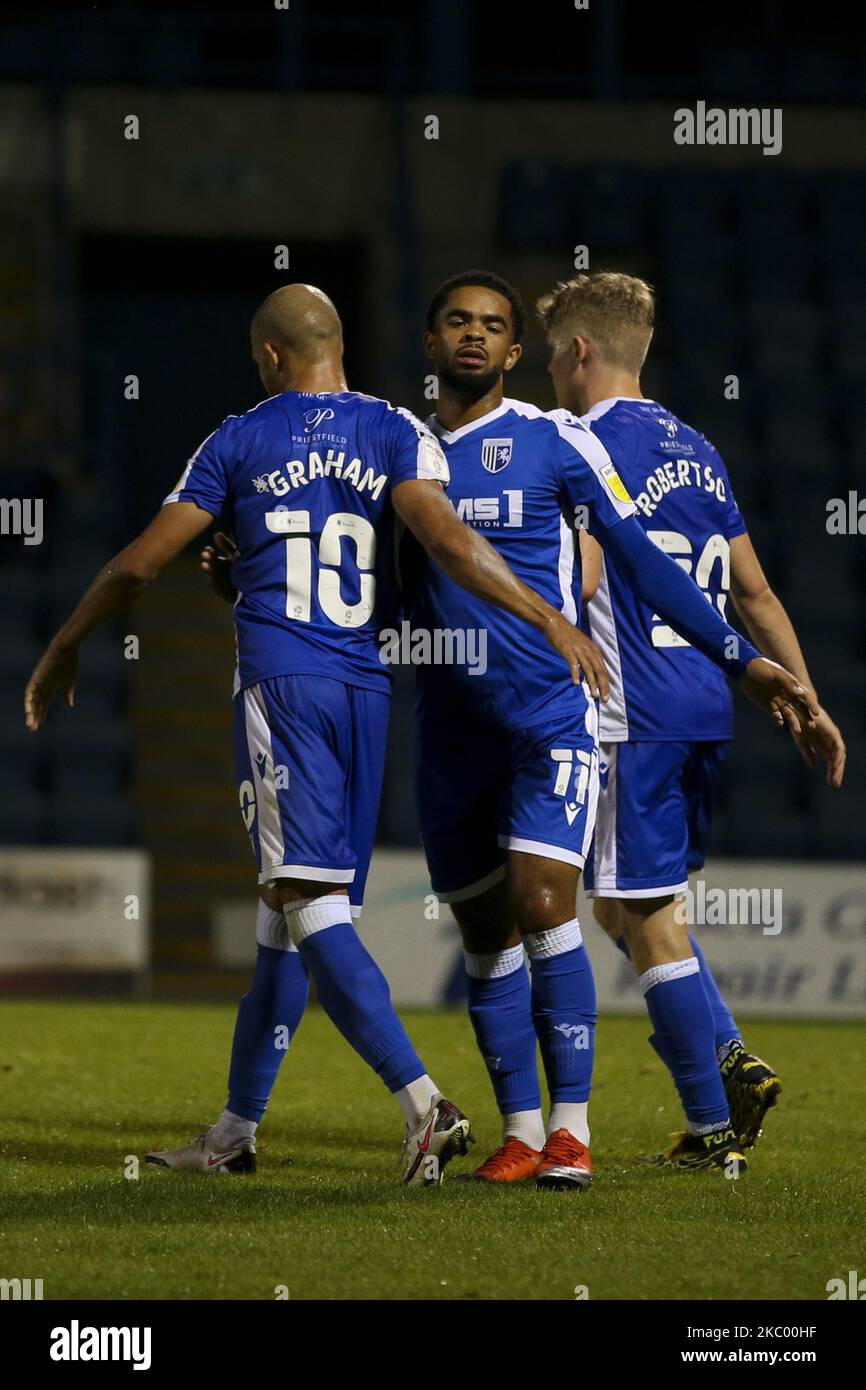 Jordan Graham of Gillingham celebrates with Trae Coyle during the ...