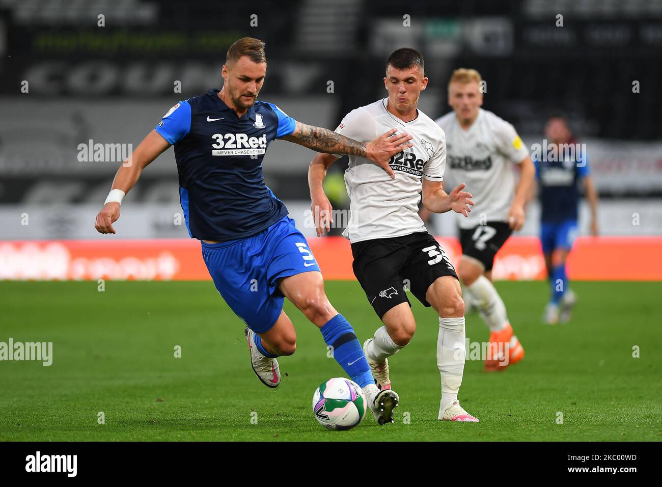 Jason Knight of Derby County battles with Patrick Bauer of Preston ...