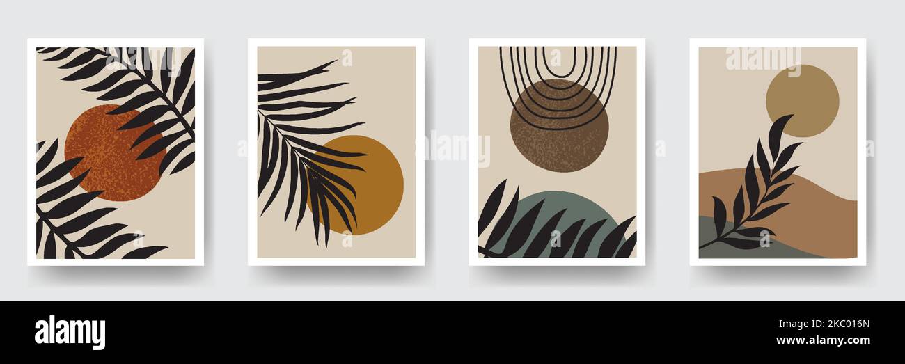 Abstract geometric shapes poster in mid-century style. Tropical palm ...