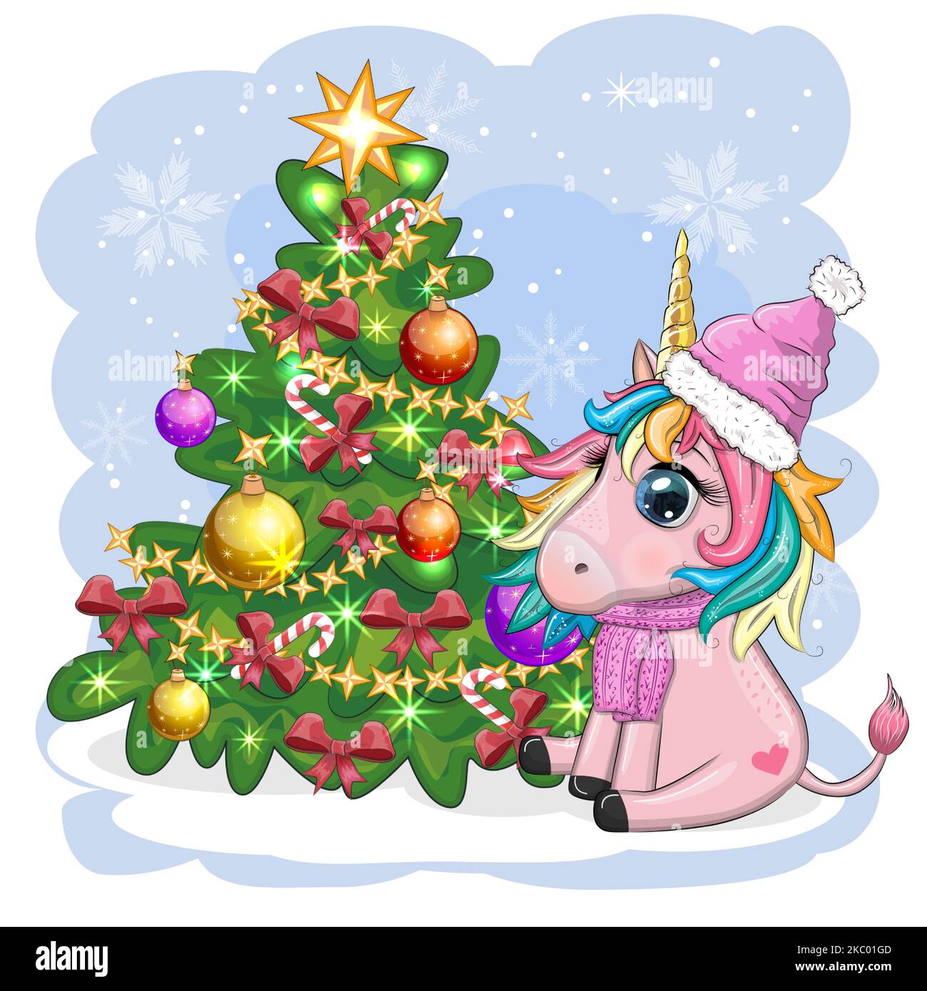 Cute cartoon unicorn in santa hat near christmas tree with gifts, balls ...
