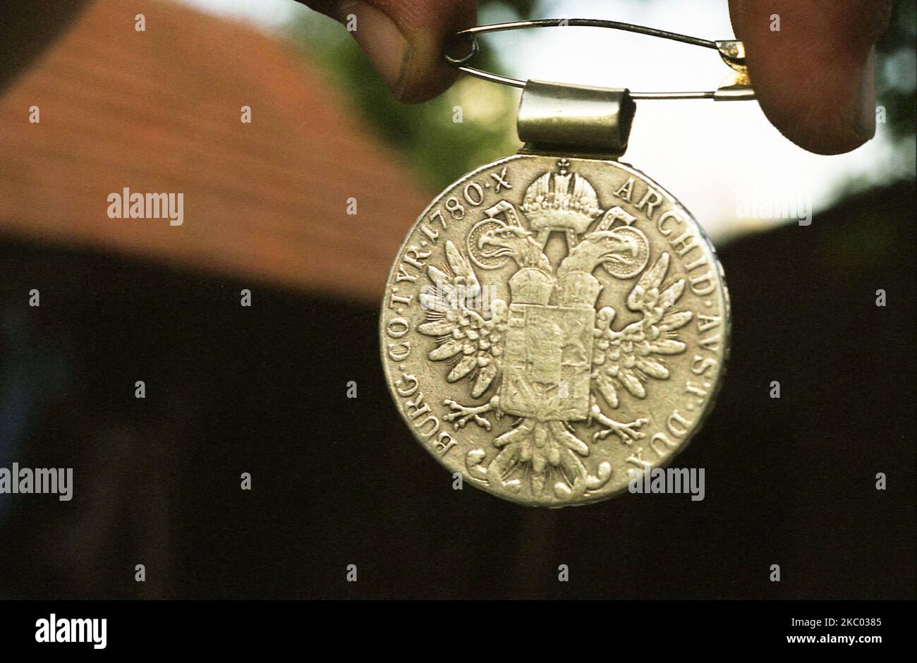 Hunedoara County, Romania, 2003. Local person showing a precious18th ...