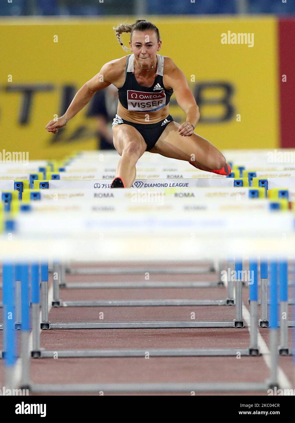 Nadine Visser (NED) competes in 100m hurdles men during the IAAF ...