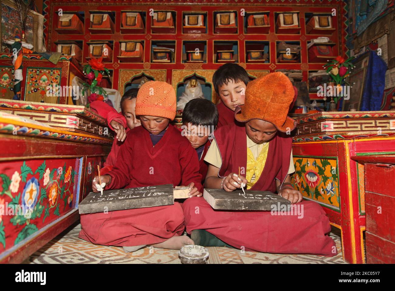 Young Buddhist monks studying in a monastery in Zanskar, Ladakh, Jammu ...