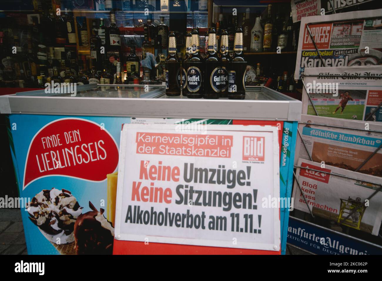 Newsstand with ''No carnival parade, no alochol at Nov 11'' is seen in ...