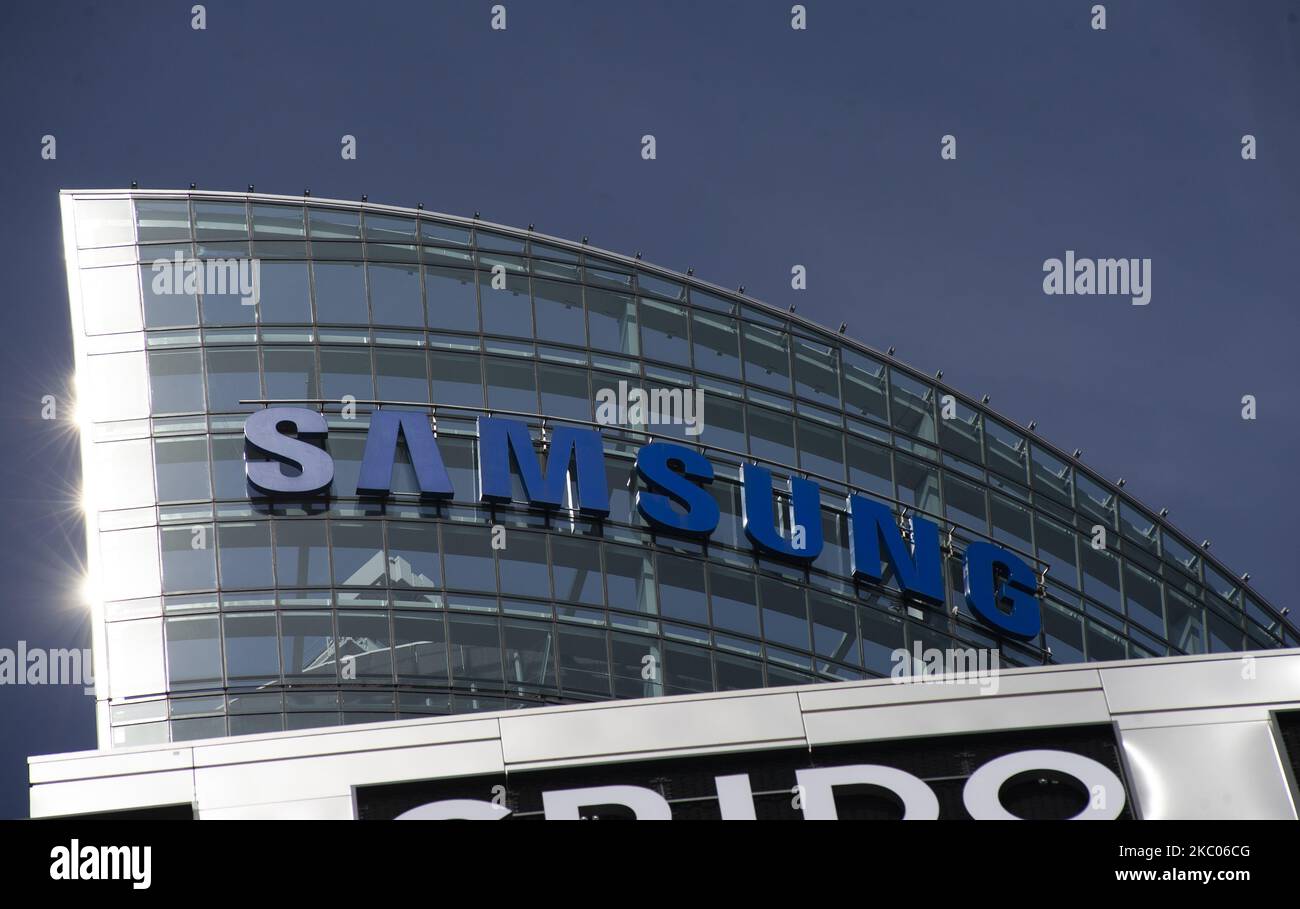 Samsung sign is seen on top of the Warsaw Spire offices complex on ...