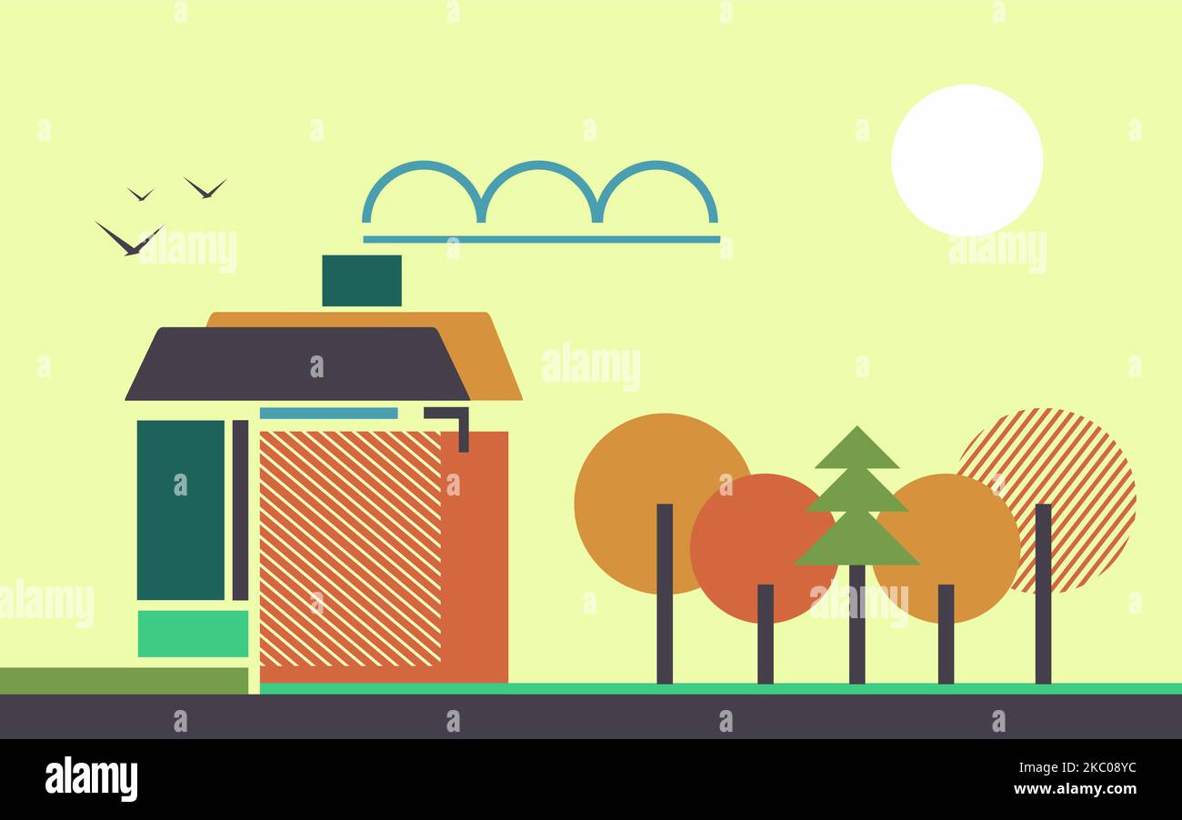 Vector illustration in the cubism style of a country house next to the ...