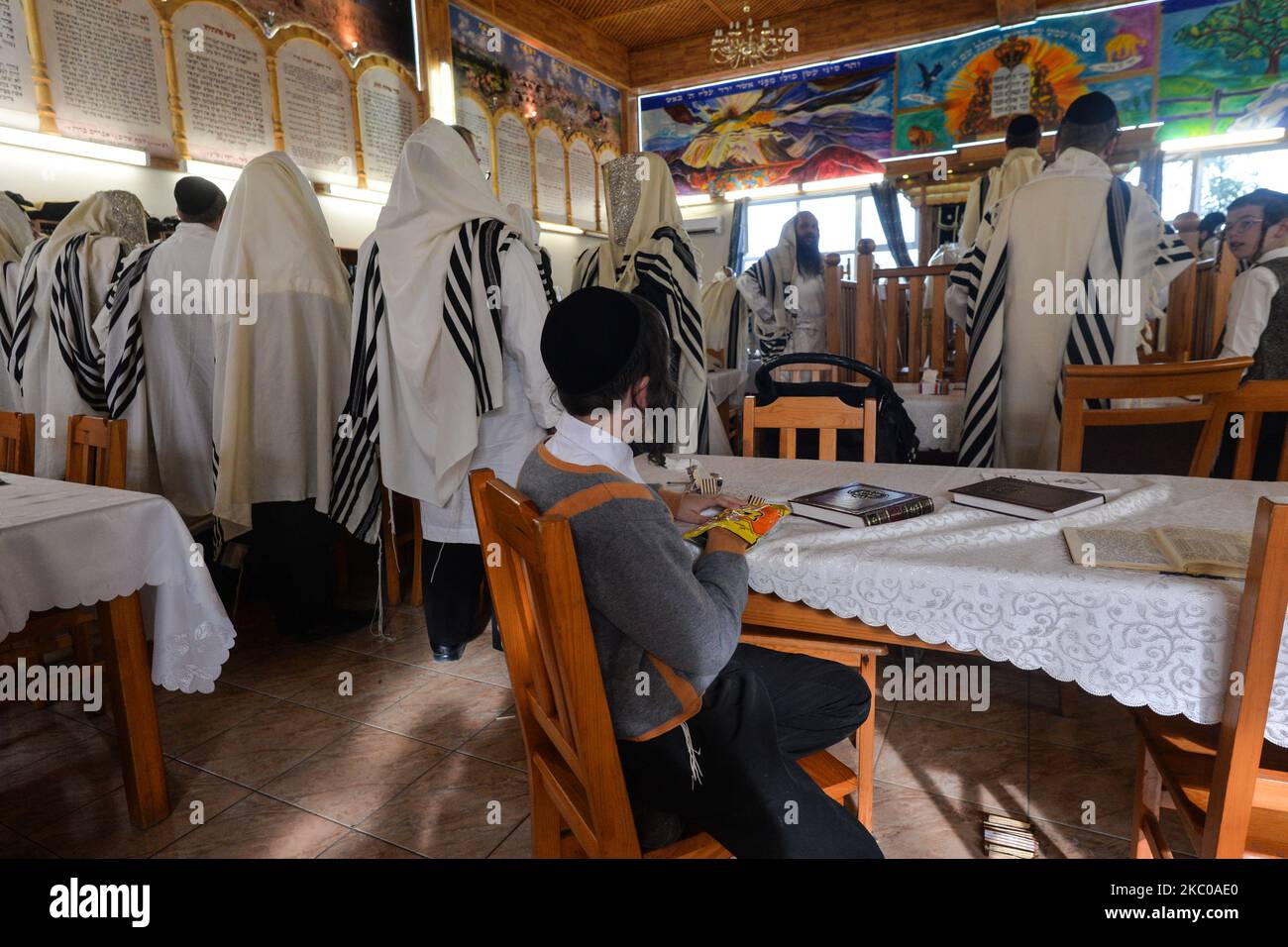 A group of Orthodox Jews praying on the last day of Rosh Hashanah, the ...