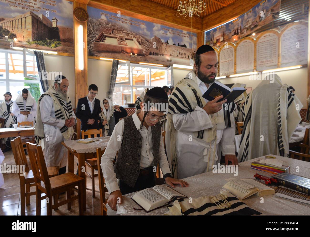 A group of Orthodox Jews praying on the last day of Rosh Hashanah, the Jewish New Year, in the ...