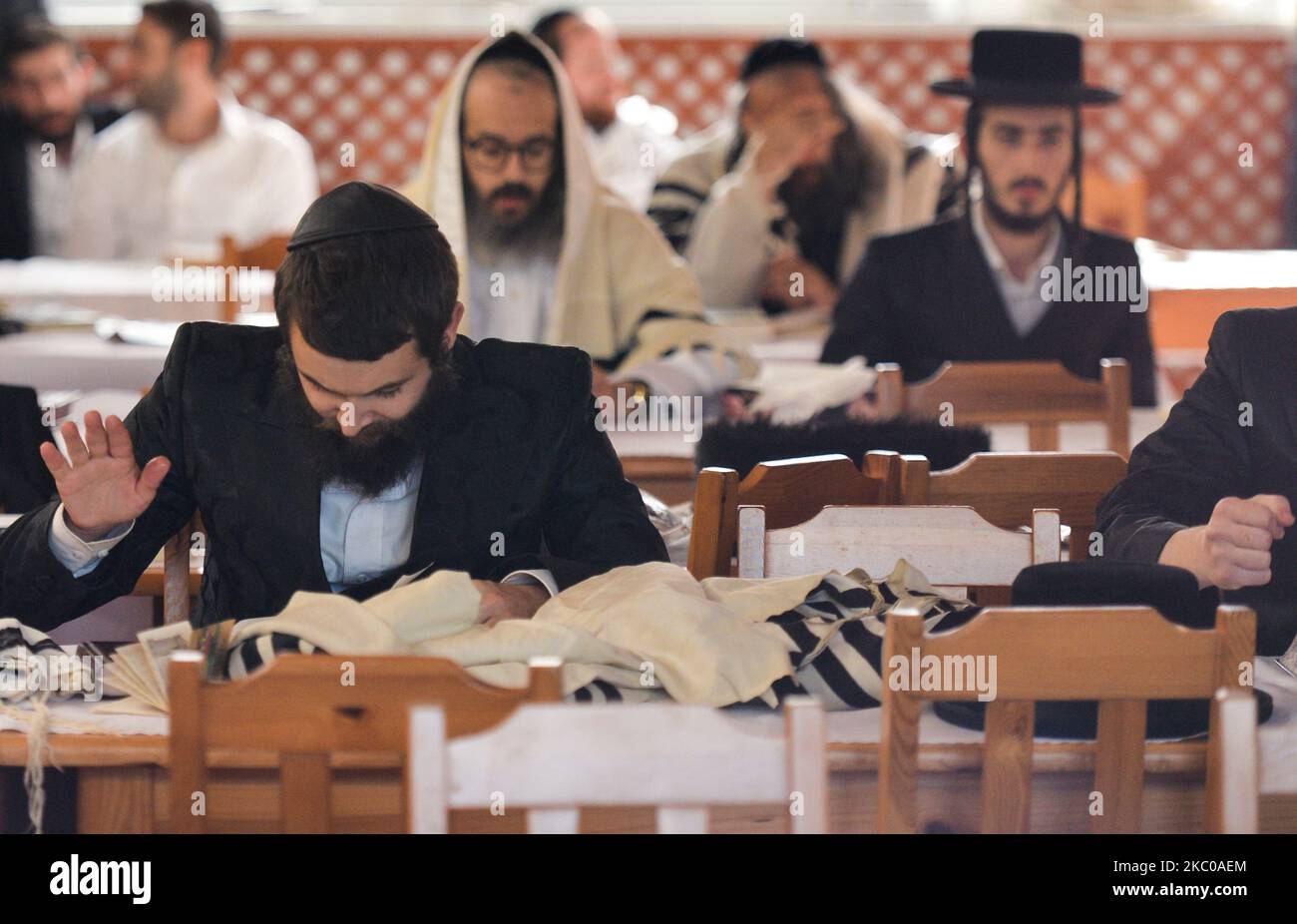 A group of Orthodox Jews praying on the last day of Rosh Hashanah, the Jewish New Year, in the ...