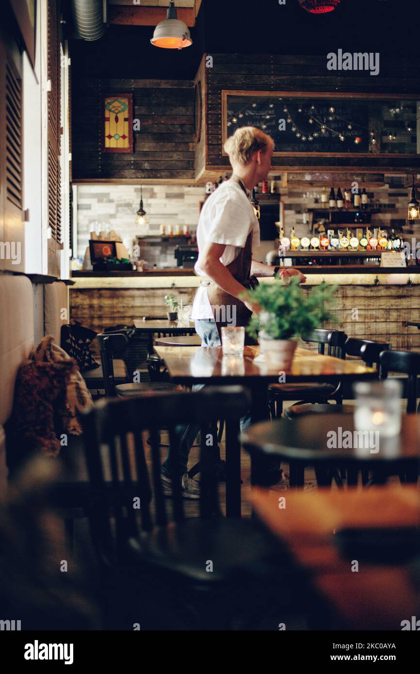 A vertical of a Caucasian waiter working in a cozy cafe in Vejle ...