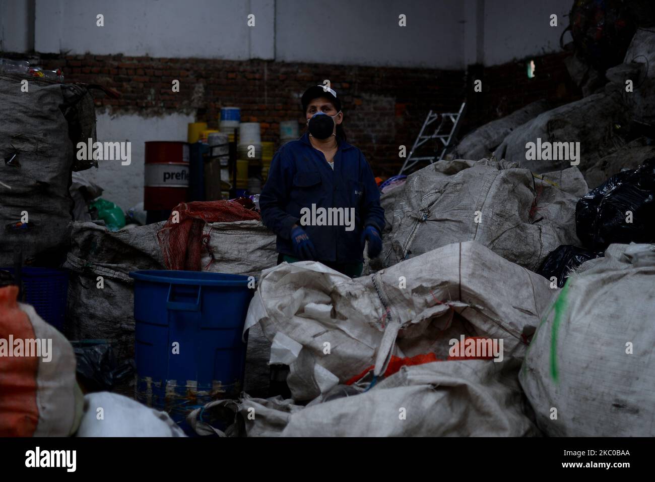 A woman carries out the process of separating materials in a recycling ...