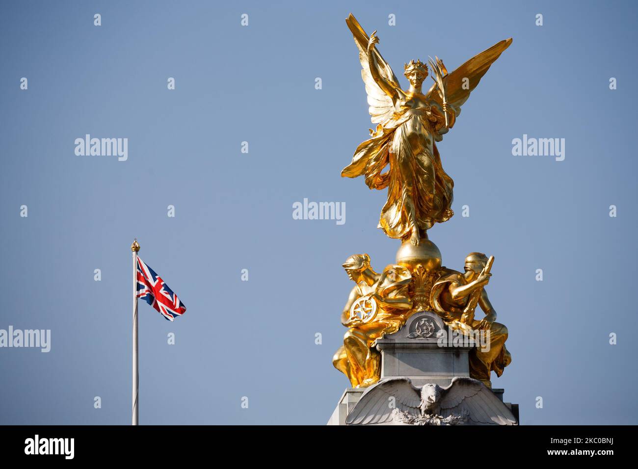 The gilded bronze 'Winged Victory' sculpture atop the Victoria Memorial ...