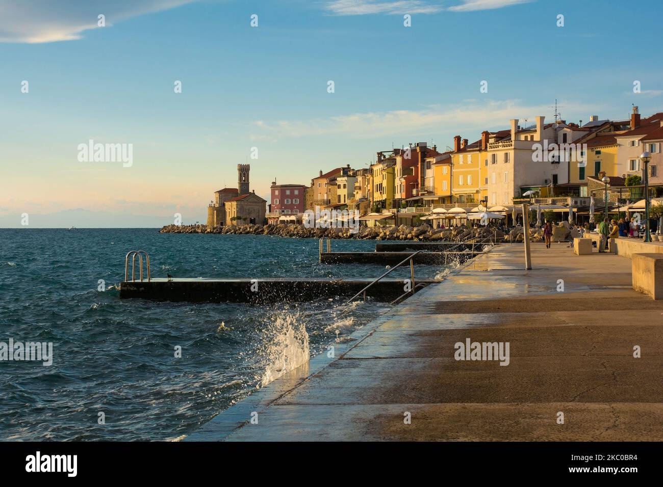 The waterfront of the historic town of Piran on the coast of Slovenia ...