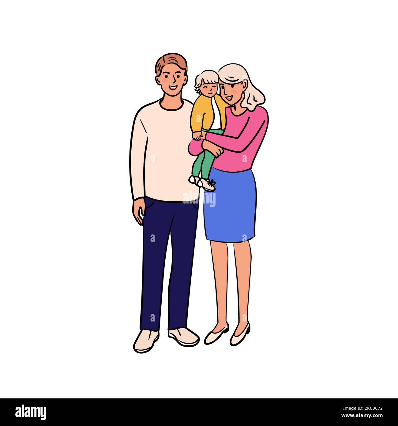Happy flat family standing together.Mom, dad, children. Hand drawn ...