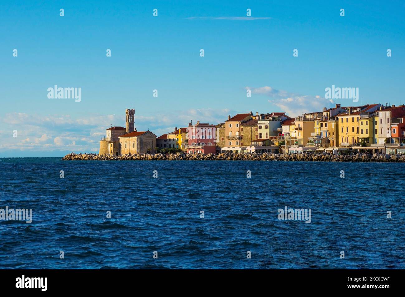 The waterfront of the historic town of Piran on the coast of Slovenia ...