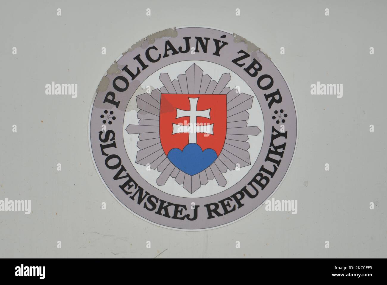 Police logo seen on a Slovak Police Force car, in Svidnik. On Saturday ...