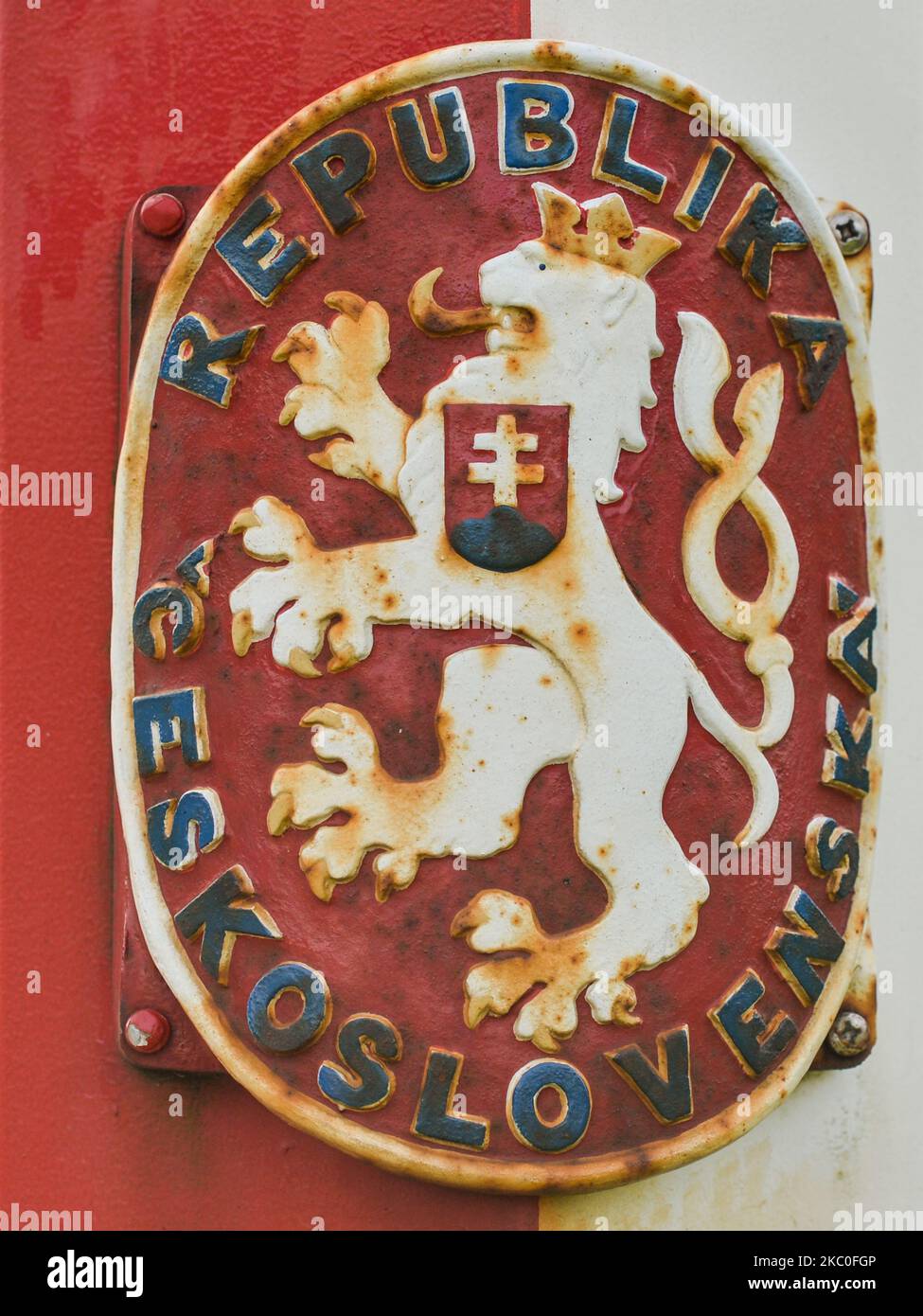 Coat of arms of Czechoslovakia depicted on the Slovak-Polish border ...