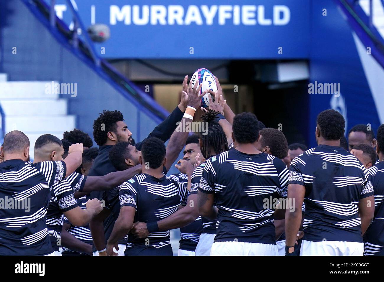 The Fiji players in a huddle during a captain's run at Murrayfield ...