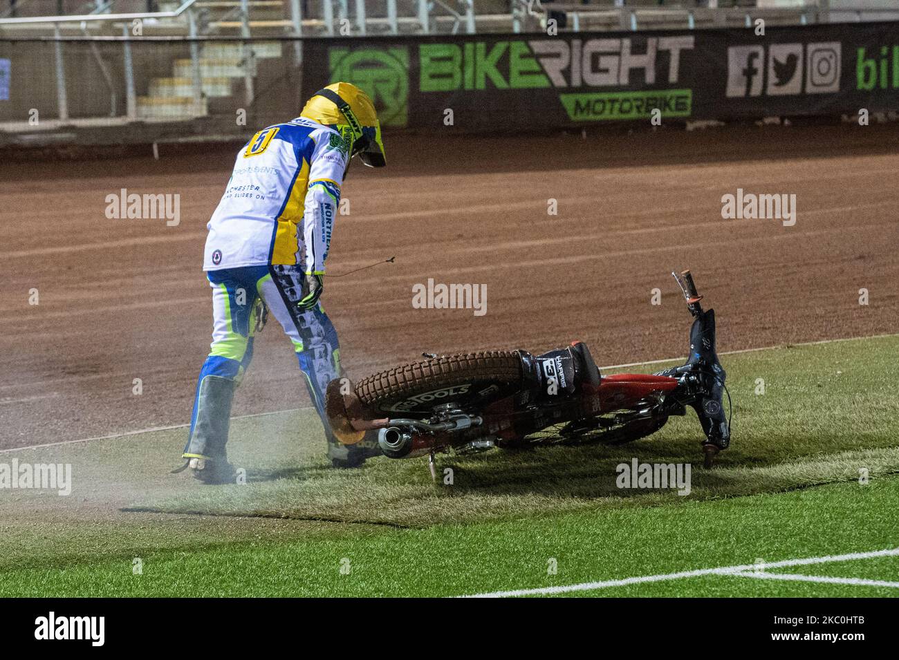 Chris Harris gets off his bike after blowing the engine open Belle Vue ...