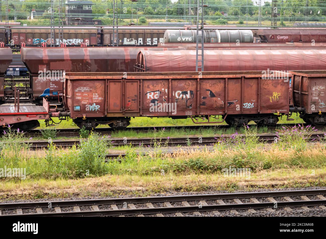 The federal railway with freight wagons in Oberhausen, Germany Stock ...