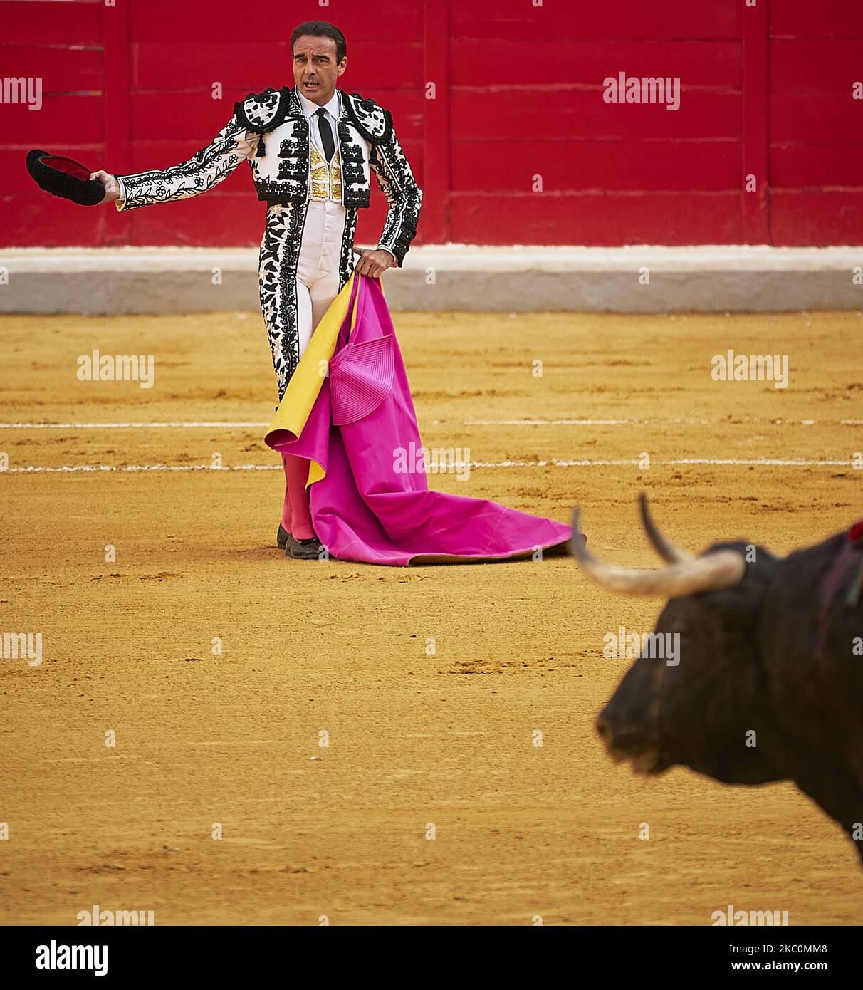 Spanish bullfighter Enrique Ponce looks on the bull during the Virgen ...