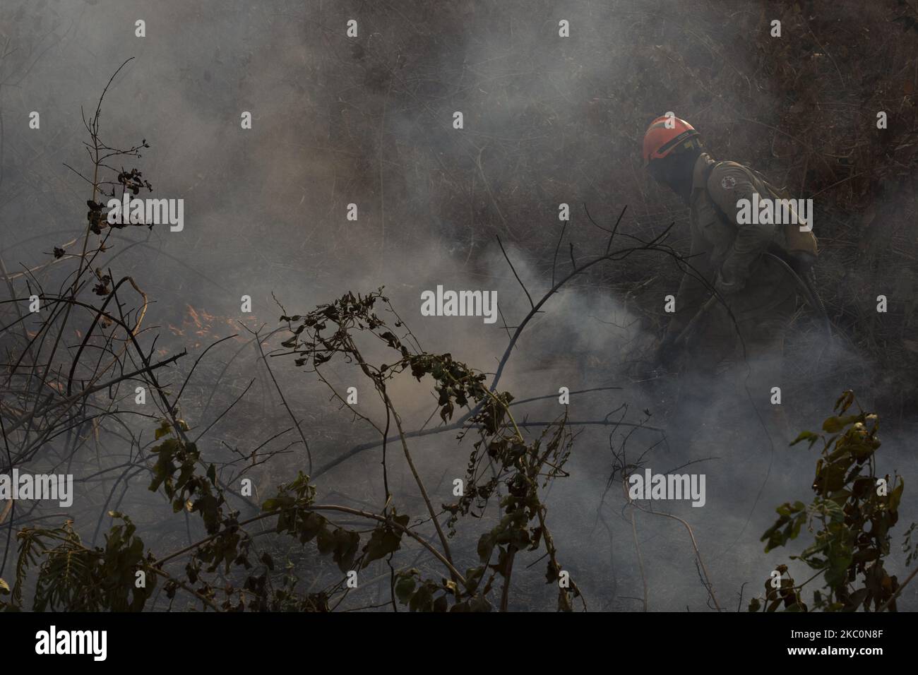 Firefighters fight underground fire on September 26, 2020, on the banks ...