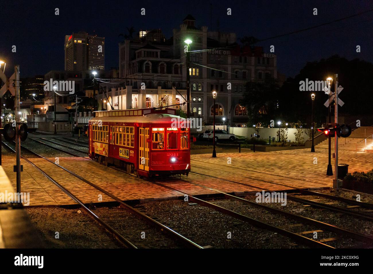 A red trolley in New Orleans near the river walk of New Orleans Stock ...