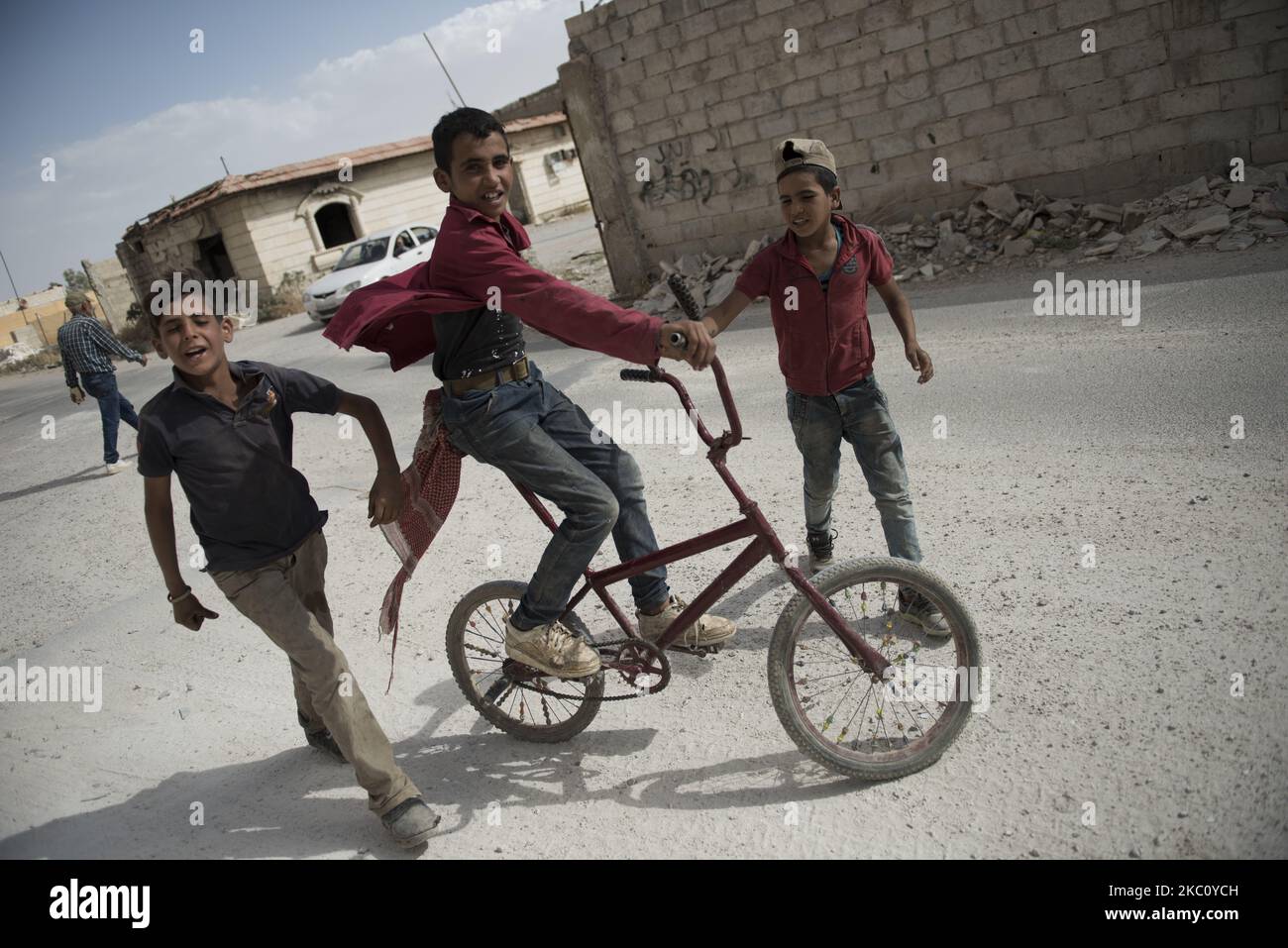 A group of kids at the school in Hajeera in the rural of Damascus ...