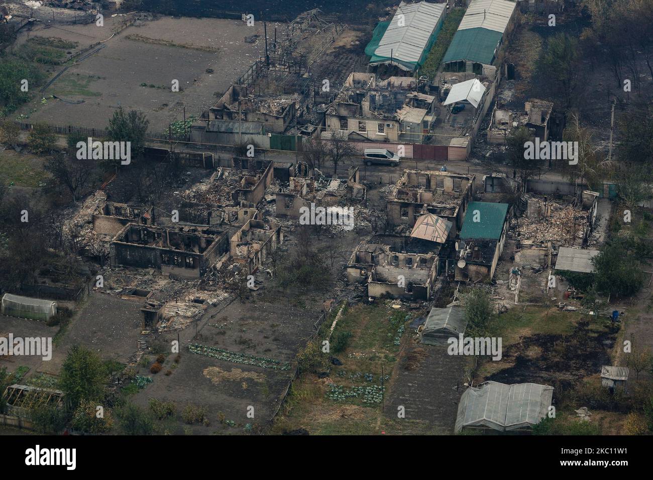 Aerial view of a burnings in Luhansk region, Ukraine, October 2, 2020 ...