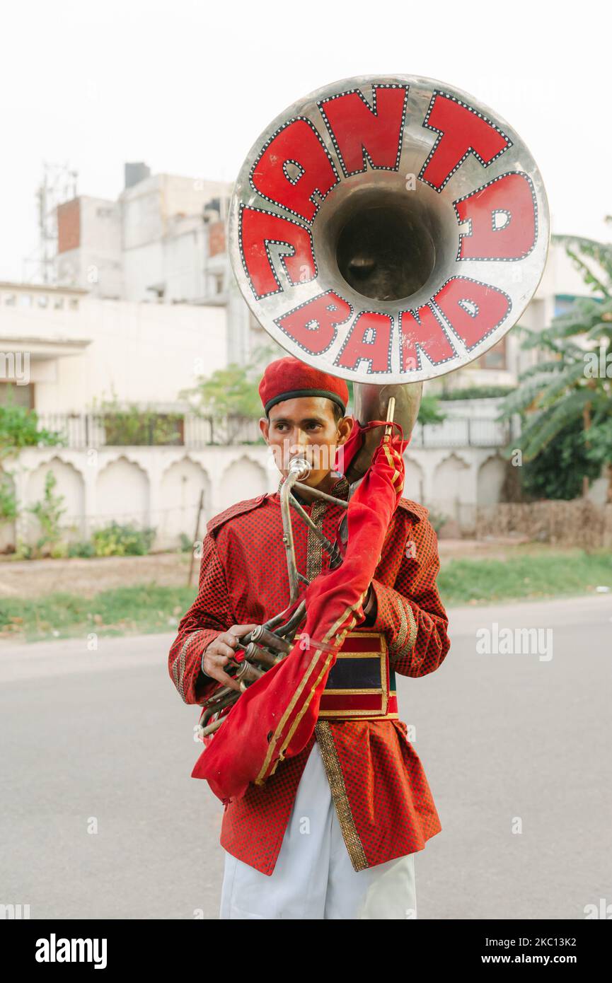 Indian wedding band musicians practicing their daily music routine ...