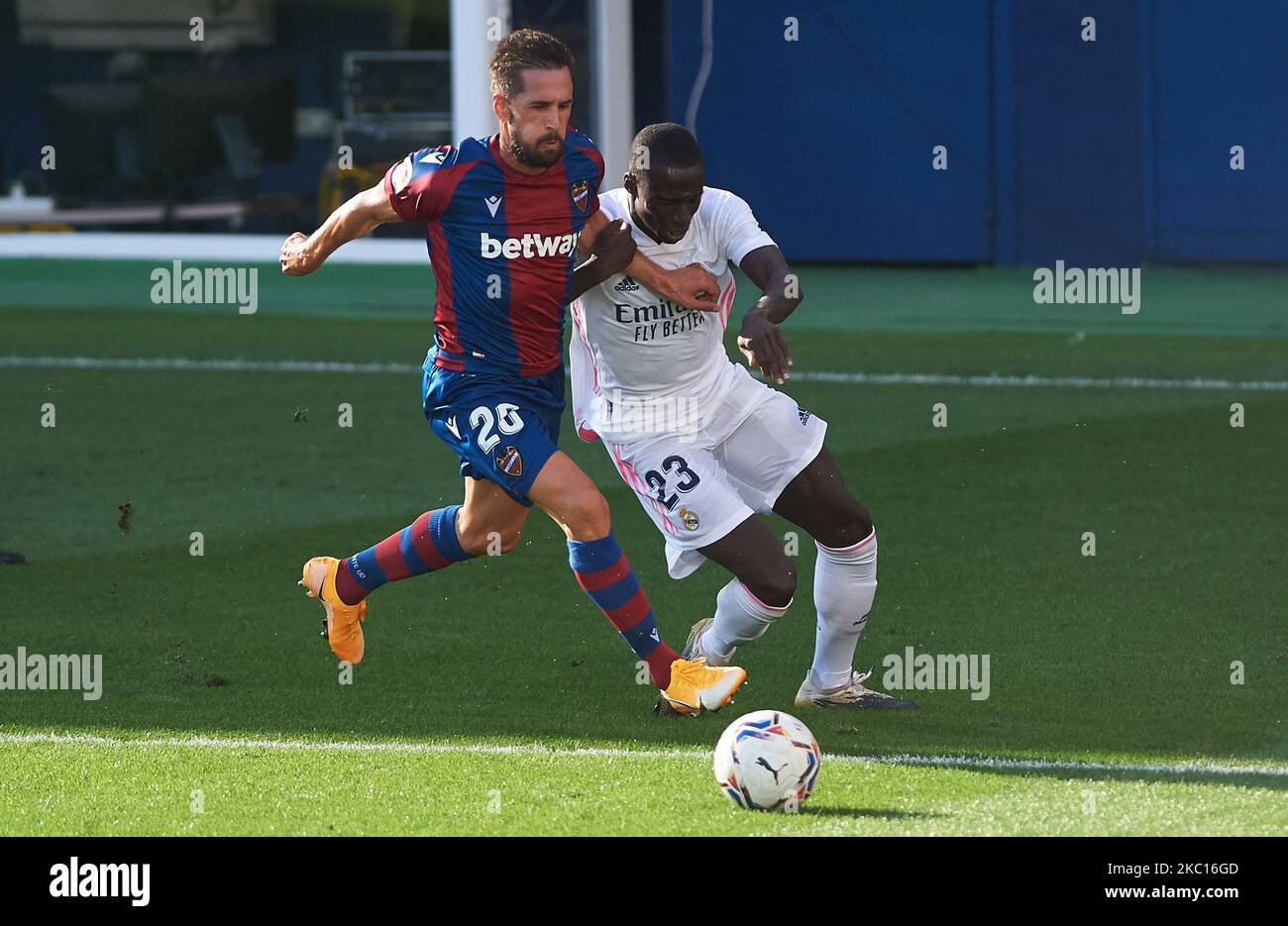 Jorge Miramon of Levante UD and Ferland Mendy of Real Madrid during the ...