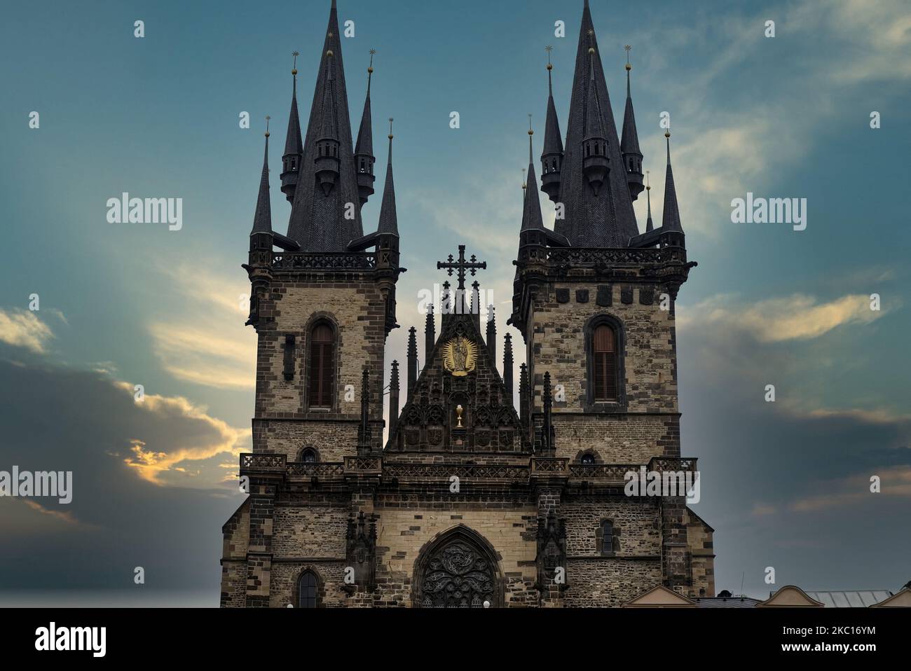 A gorgeous view of a luxurious gothic cathedral in Prague, Czechia with ...